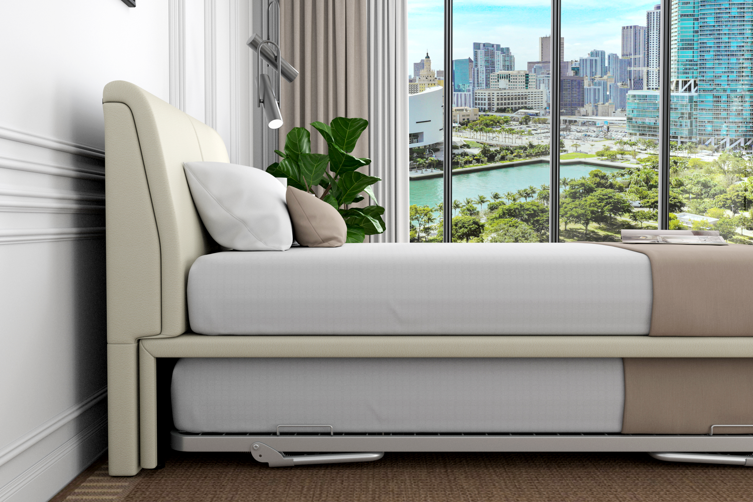 Excel Super Single Trundle Bed - Cream (Faux Leather), HV Atelier Beds ...