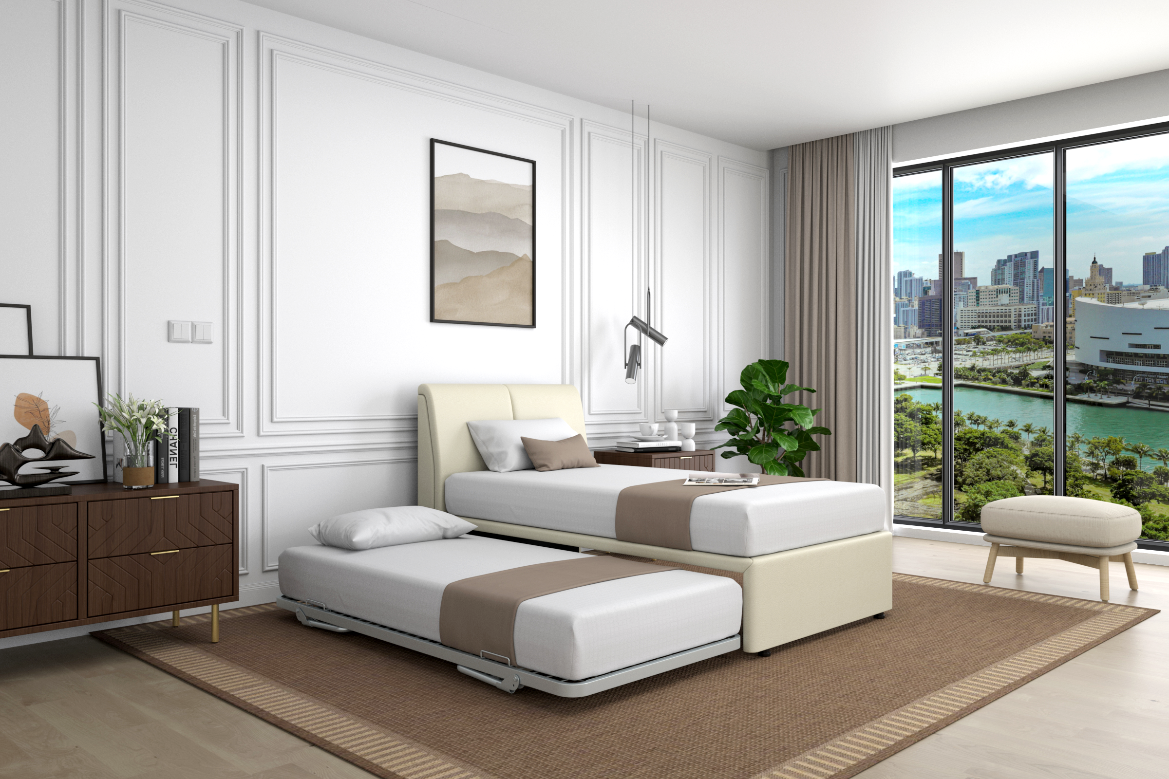 Excel Super Single Trundle Bed - Cream (Faux Leather), Maxcoil Beds | HipVan