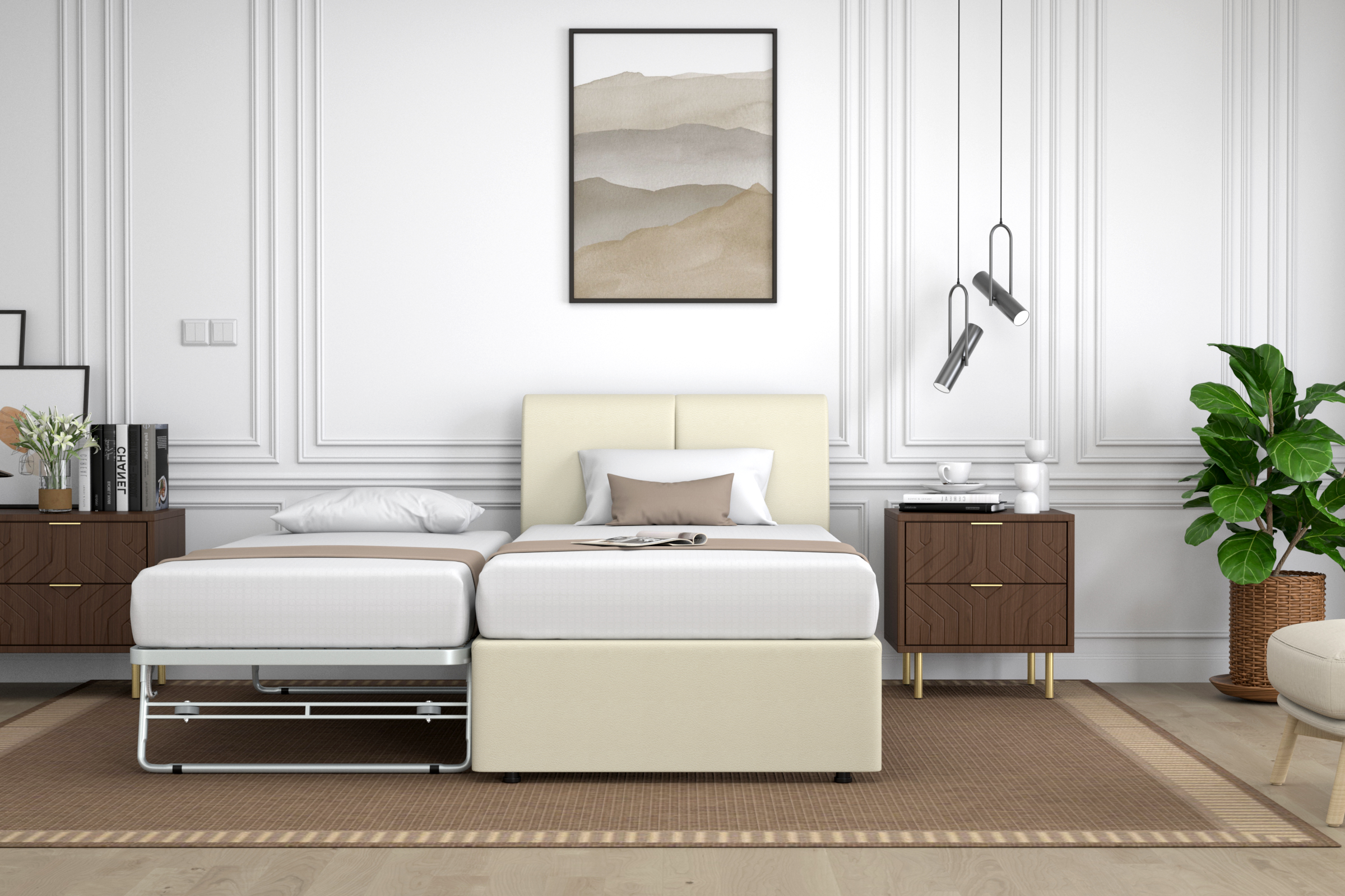 Excel Super Single Trundle Bed - Cream (Faux Leather), HV Atelier Beds ...