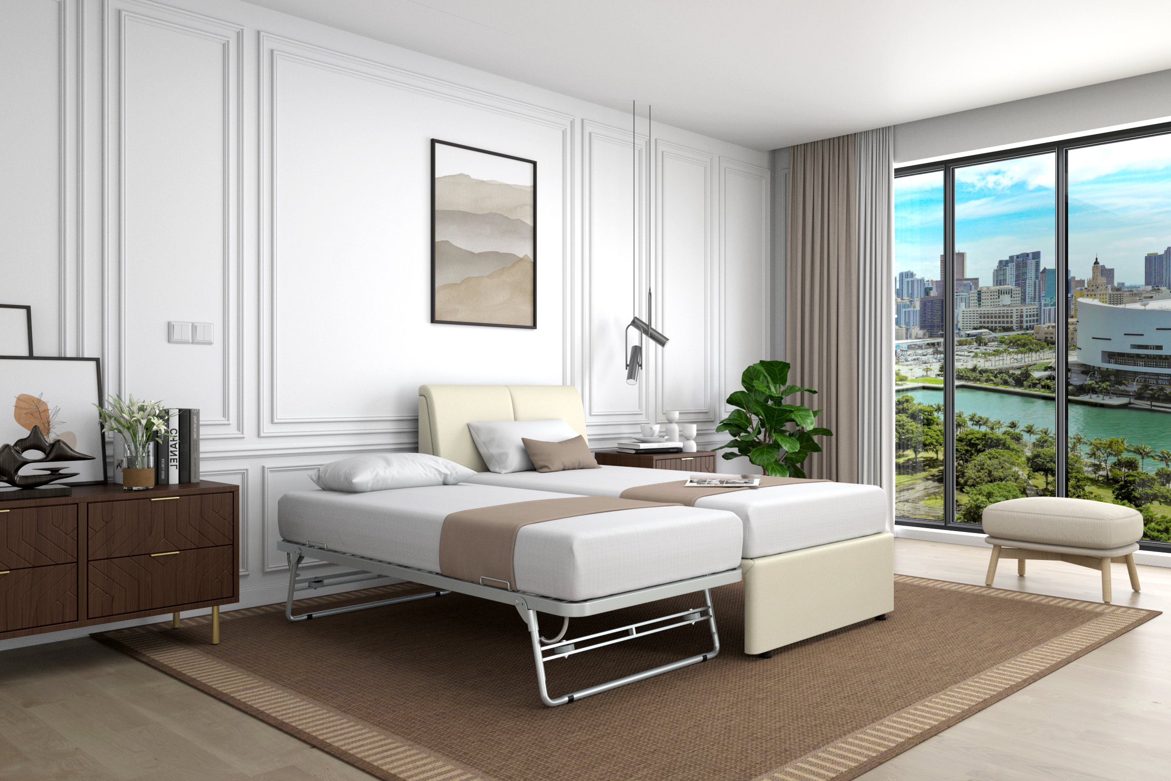 Excel Super Single Trundle Bed - Cream (Faux Leather), Maxcoil Beds ...