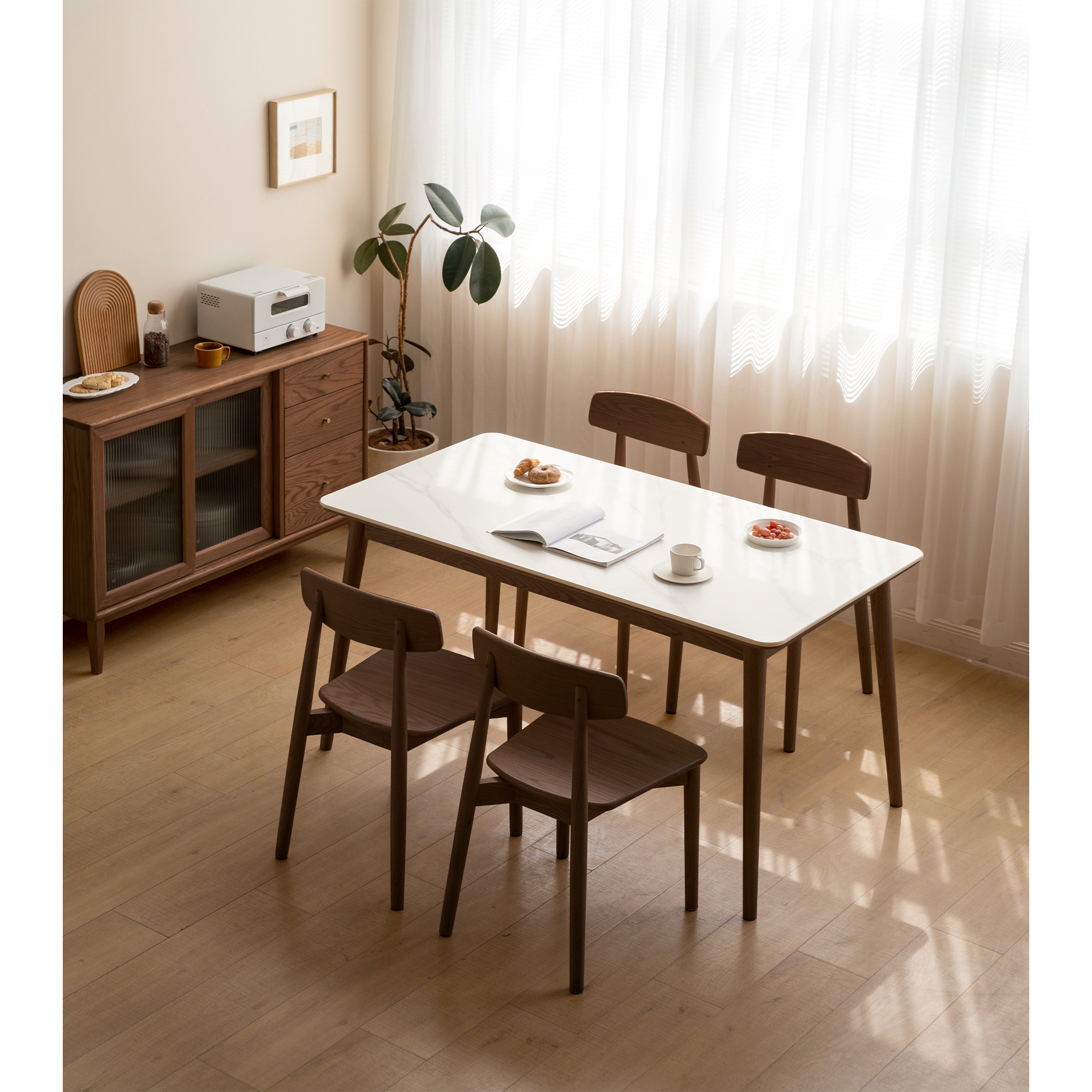 Adelyn Dining Table 1.2m (Sintered Stone) with 4 Solis Chairs in Walnut, Sintered Stone Dining ...