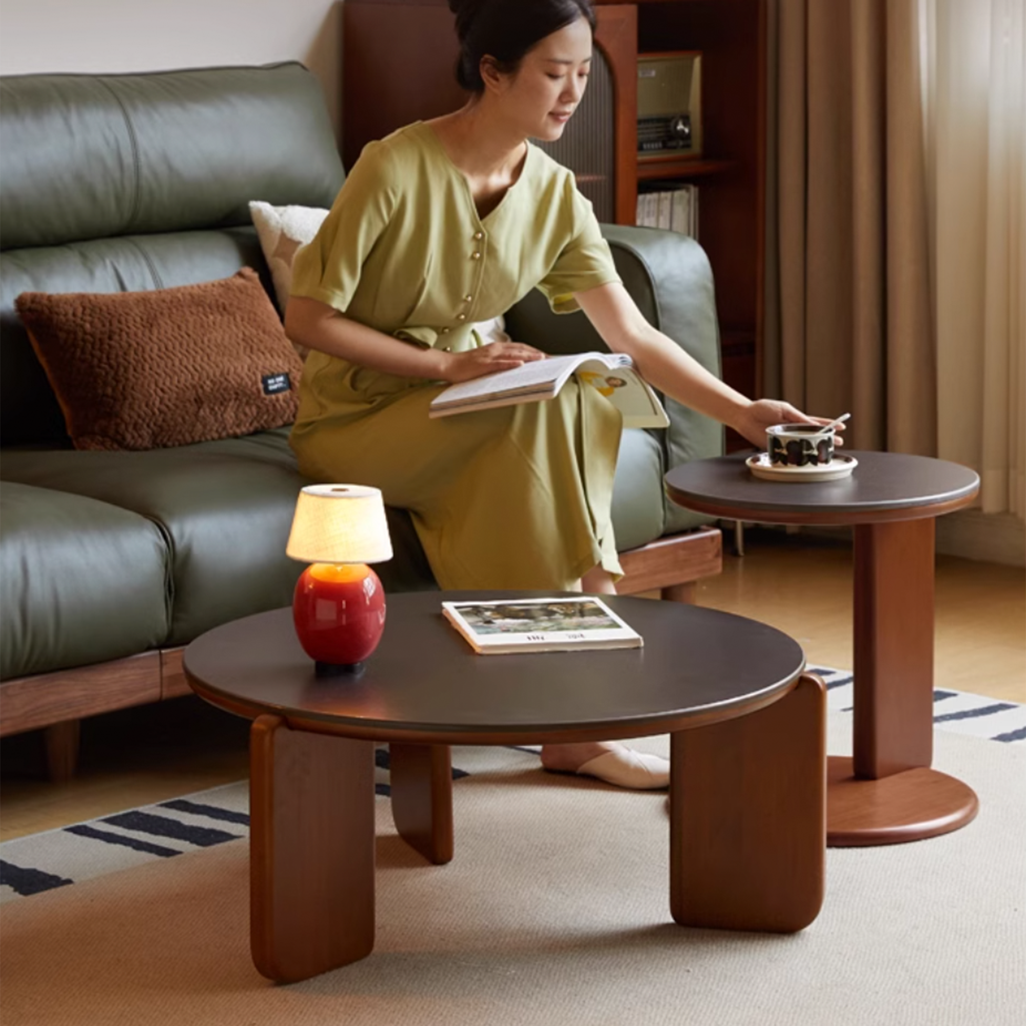 Blair Round Coffee Table - Walnut, Black (Sintered Stone), Round Coffee ...