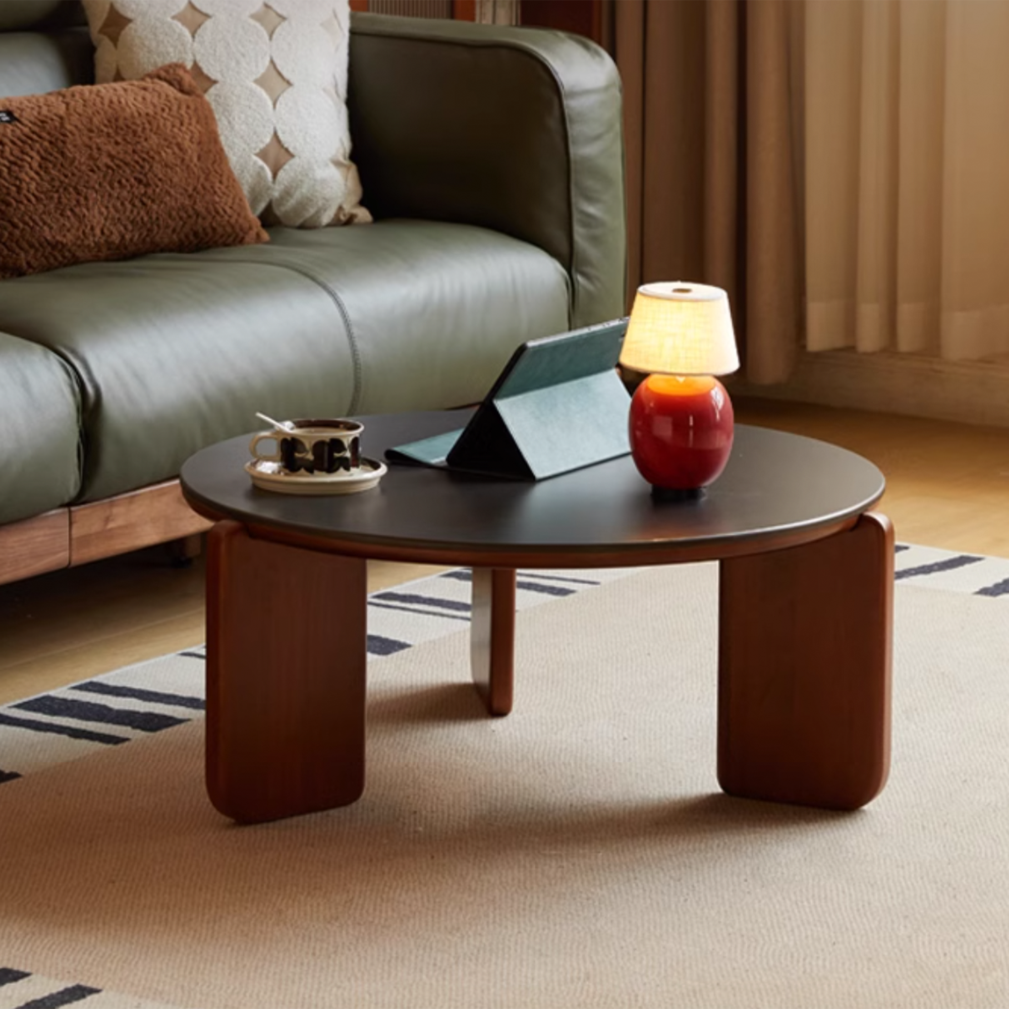 Blair Round Coffee Table - Walnut, Black (Sintered Stone), Round Coffee ...