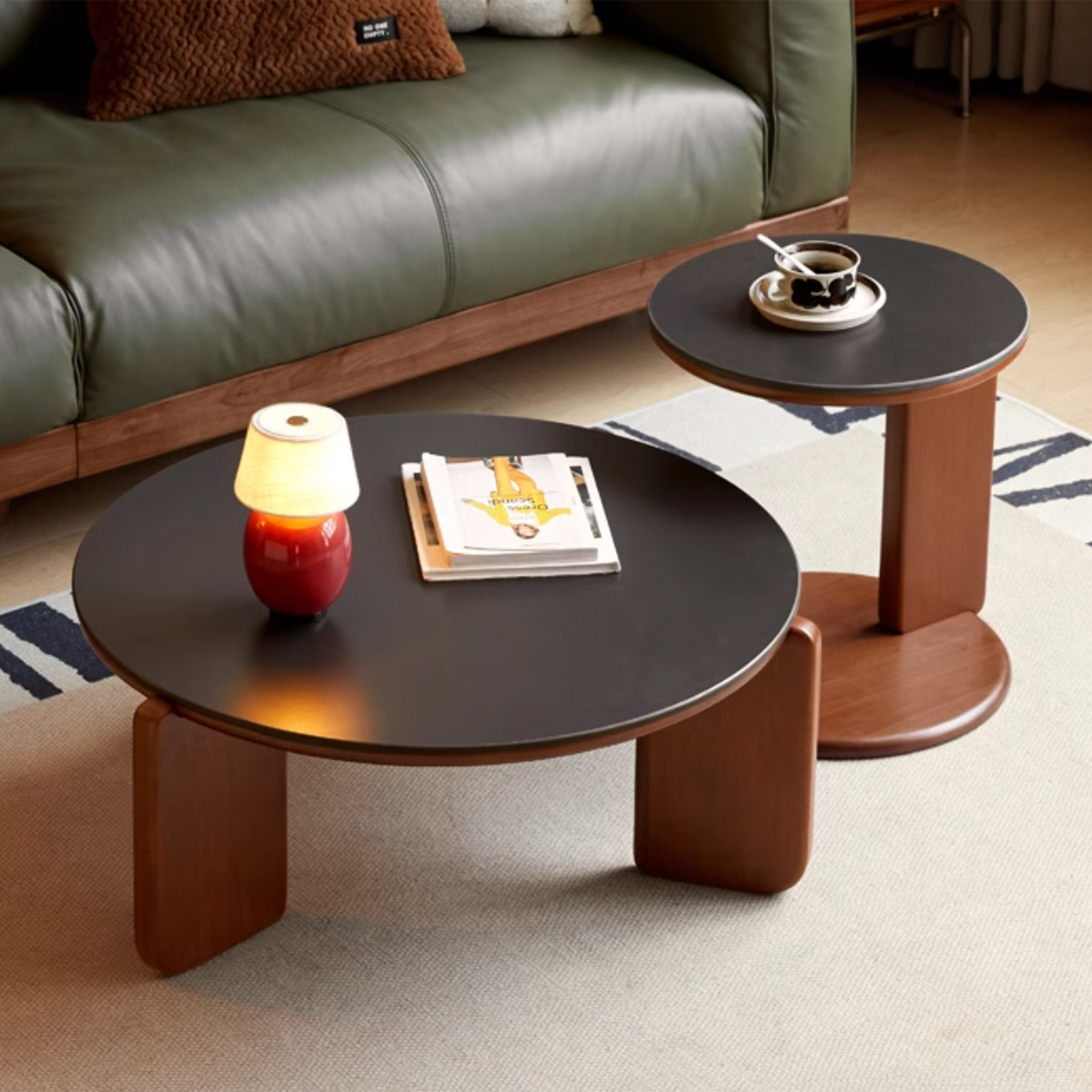 Blair Round Coffee Table - Walnut, Black (Sintered Stone), Round Coffee ...