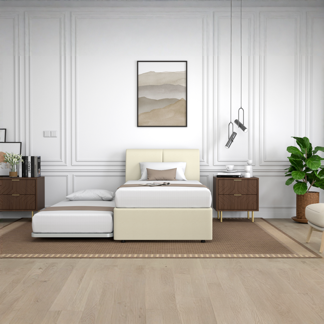 Excel Super Single Trundle Bed - Cream (Faux Leather), Maxcoil Beds ...