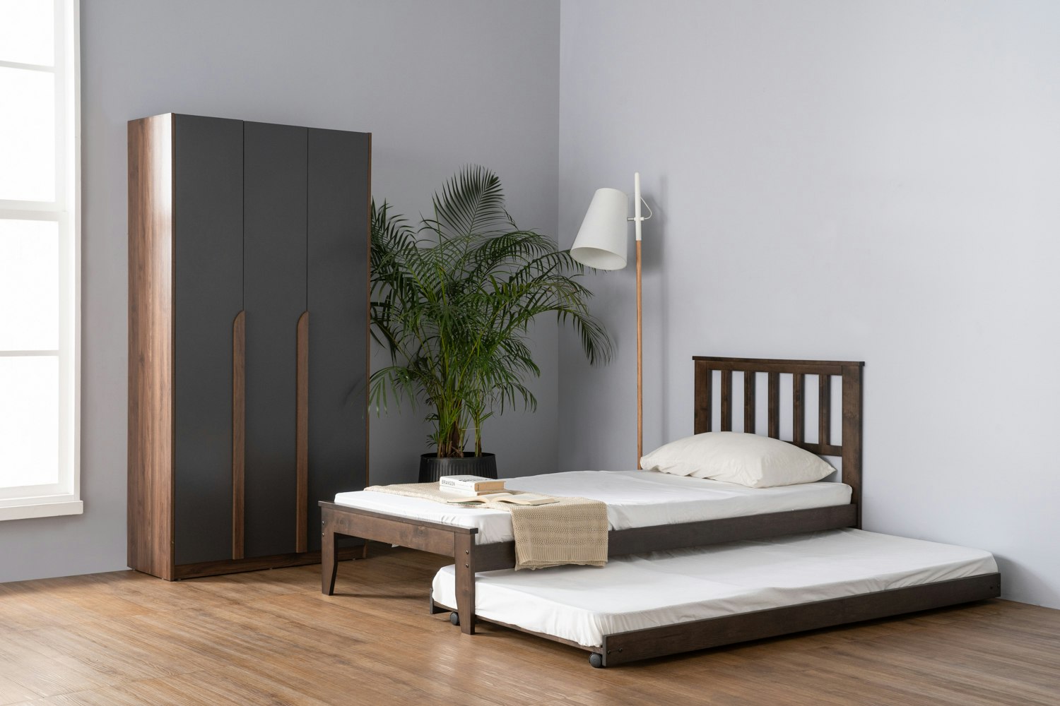 Miah 3 Door Wardrobe - Walnut, Grey, HV Basic Beds & Bedroom Storage ...