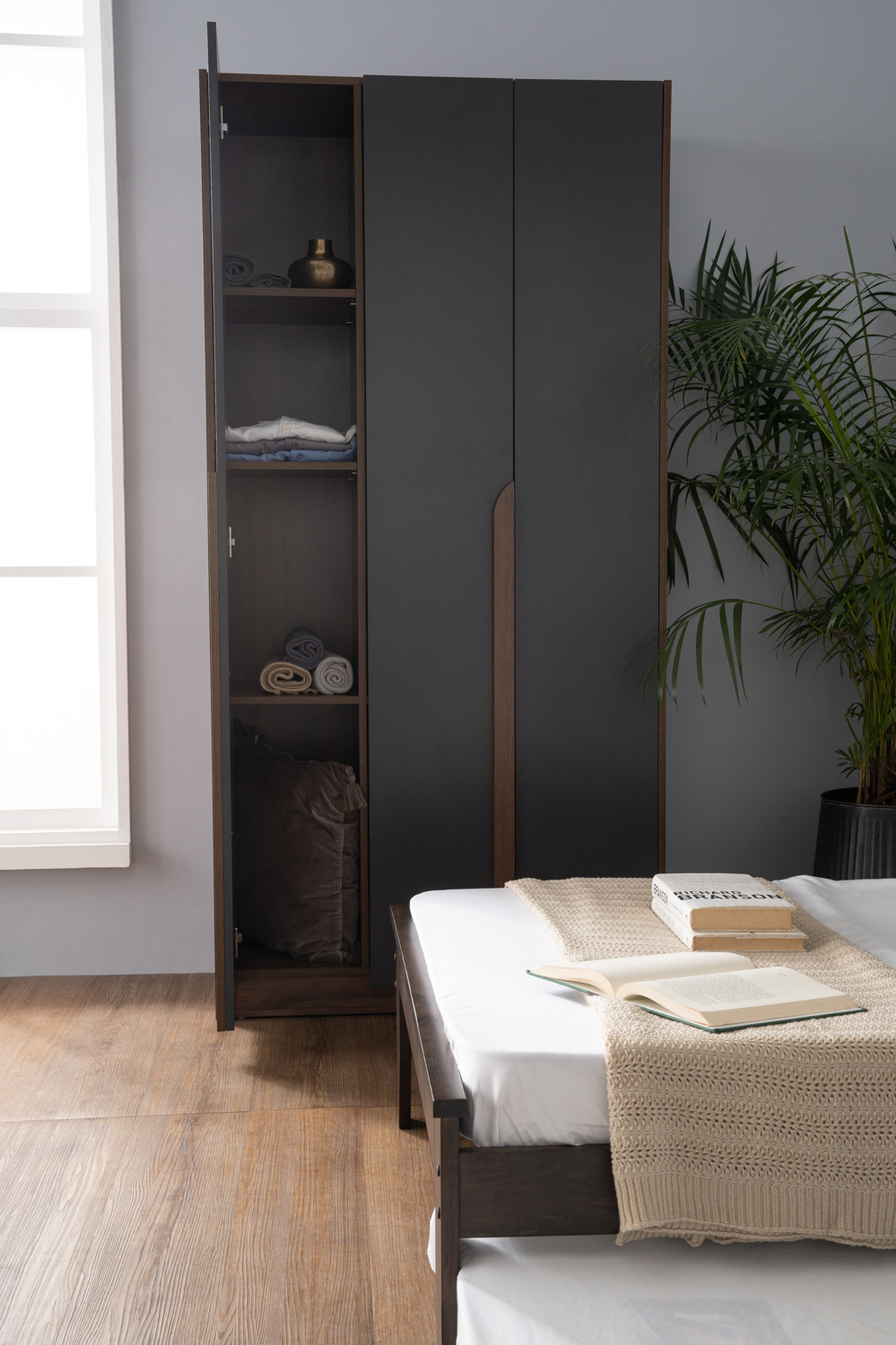 Miah 3 Door Wardrobe - Walnut, Grey, HV Basic Beds & Bedroom Storage ...