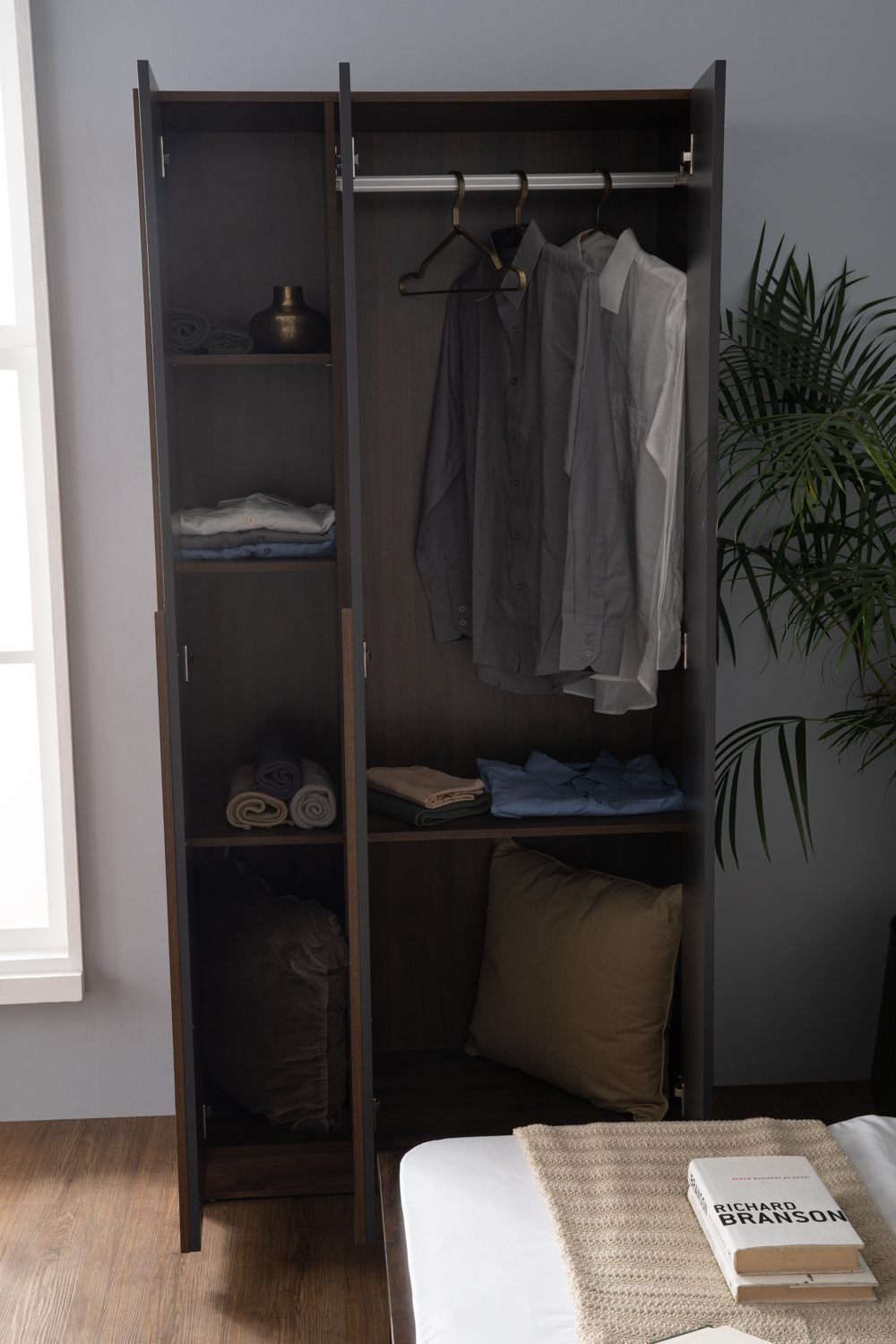 Miah 3 Door Wardrobe - Walnut, Grey, HV Basic Beds & Bedroom Storage ...