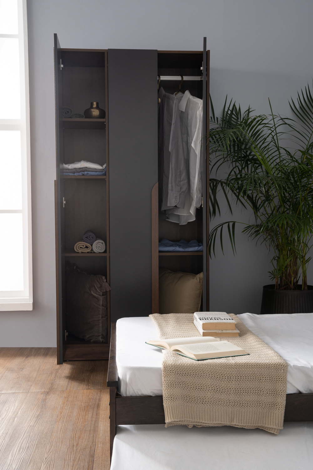 Miah 3 Door Wardrobe - Walnut, Grey, HV Basic Beds & Bedroom Storage ...