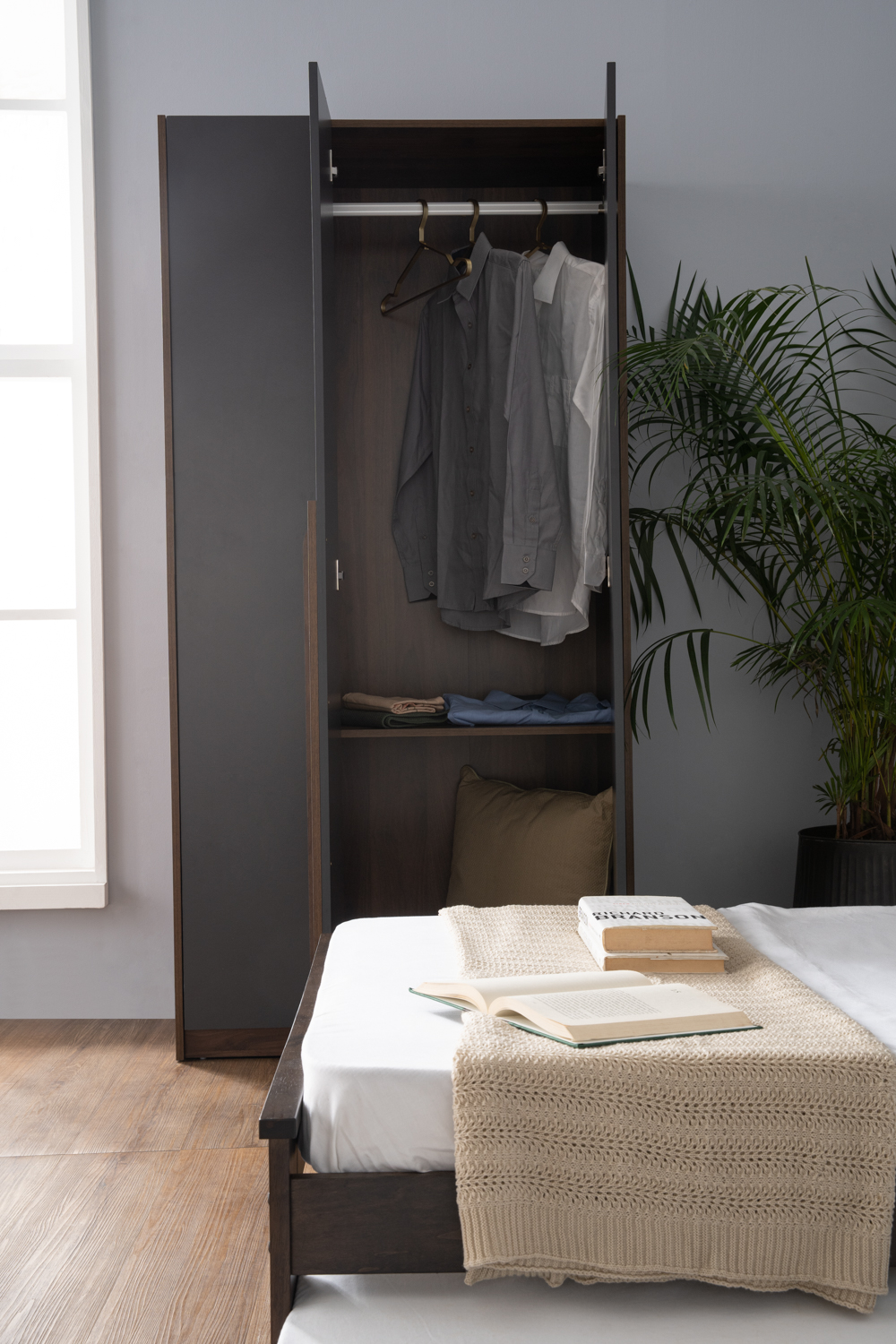 Miah 3 Door Wardrobe - Walnut, Grey, HV Basic Beds & Bedroom Storage ...