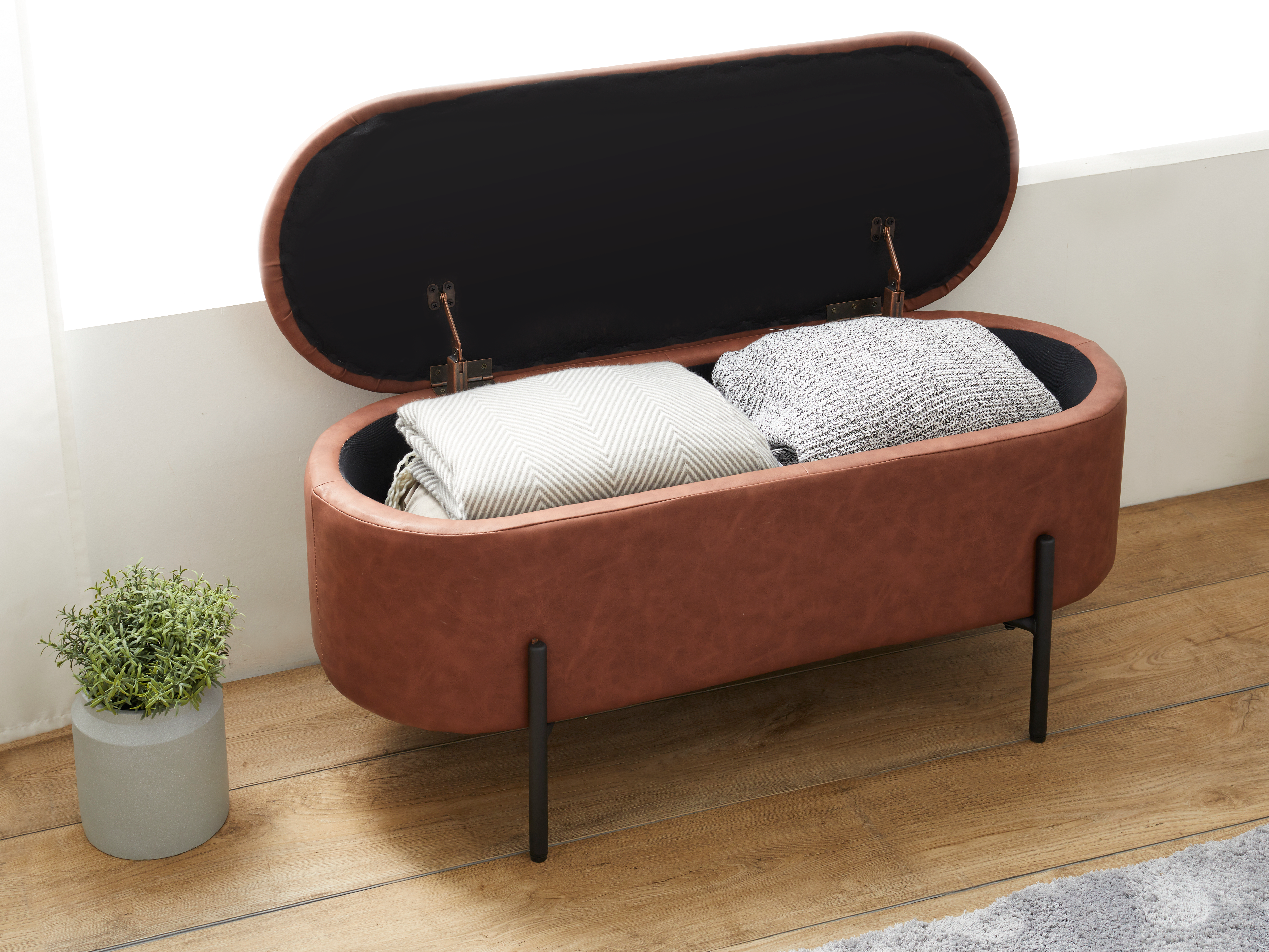 Hilary Storage Bench 0.9m - Saddle Brown (Faux Leather), Dining Chairs ...