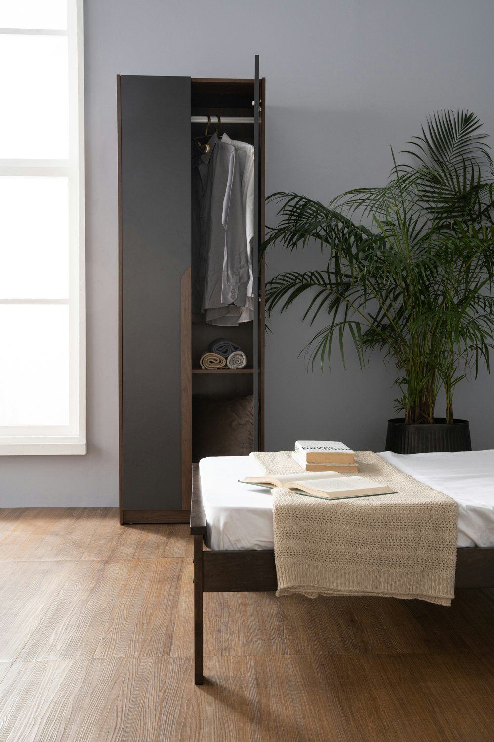 Miah 2 Door Wardrobe - Walnut, Grey, HV Basic Beds & Bedroom Storage ...