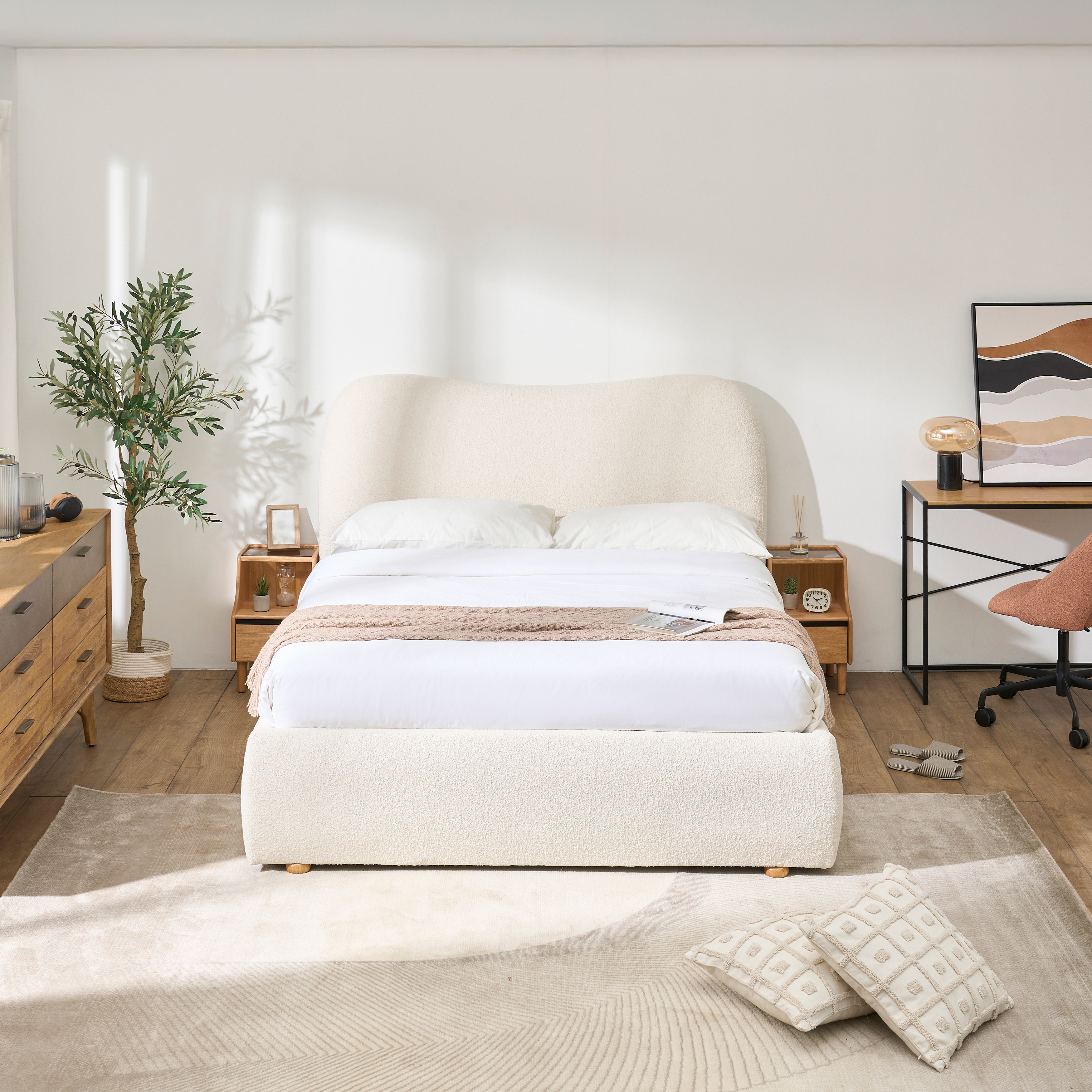 Arianna Queen Storage Bed - Ivory Boucle, Low Bed Frames by HipVan | HipVan