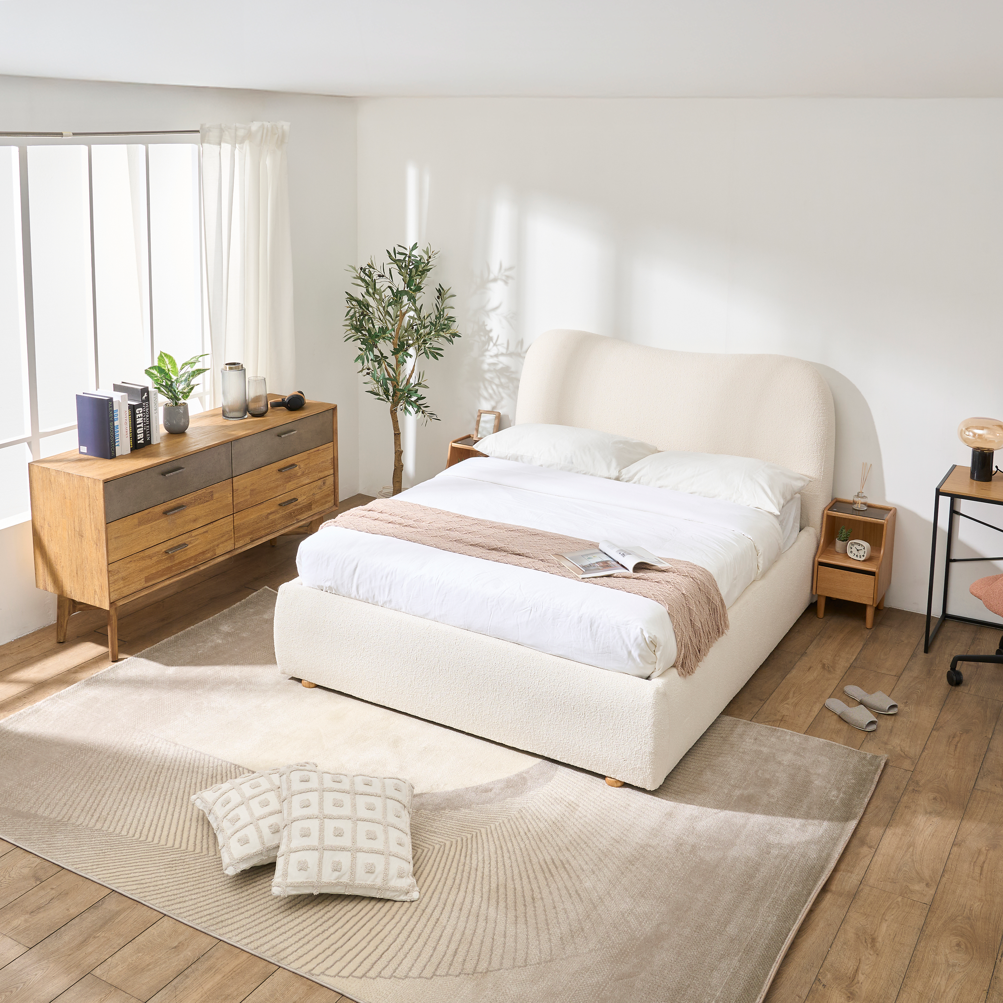 Arianna Queen Storage Bed - Ivory Boucle, Low Bed Frames by HipVan | HipVan