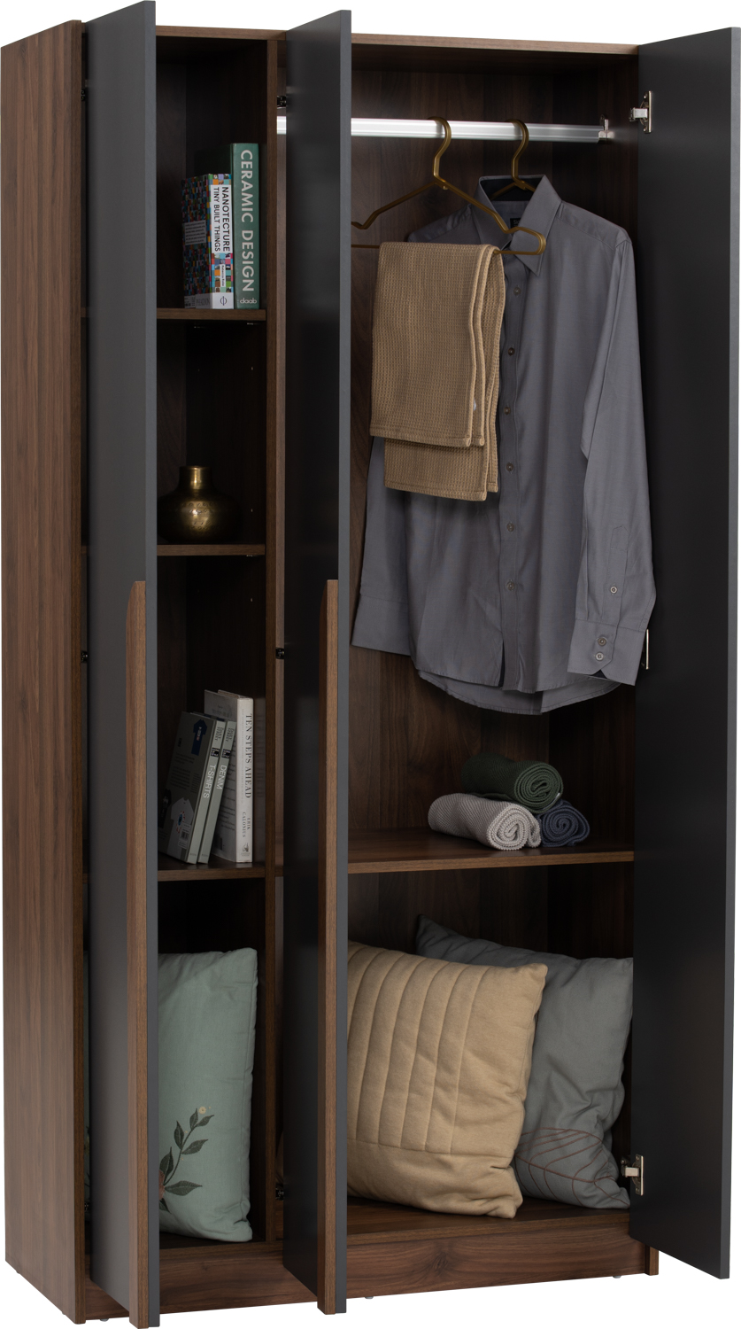 Miah 3 Door Wardrobe - Walnut, Grey, HV Basic Beds & Bedroom Storage ...