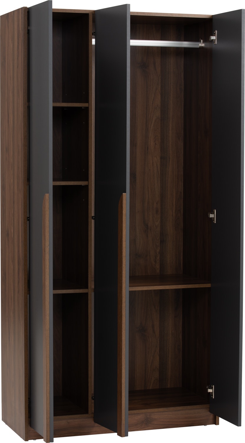 Miah 3 Door Wardrobe - Walnut, Grey, HV Basic Beds & Bedroom Storage ...