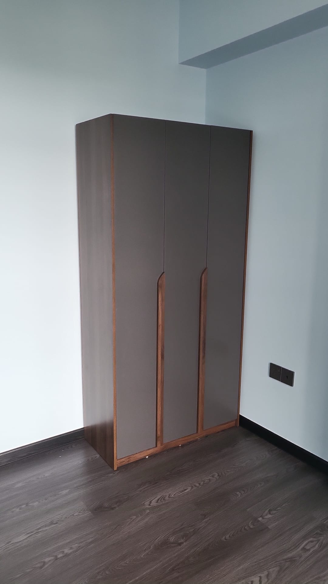 Miah 3 Door Wardrobe - Walnut, Grey, HV Basic Beds & Bedroom Storage ...